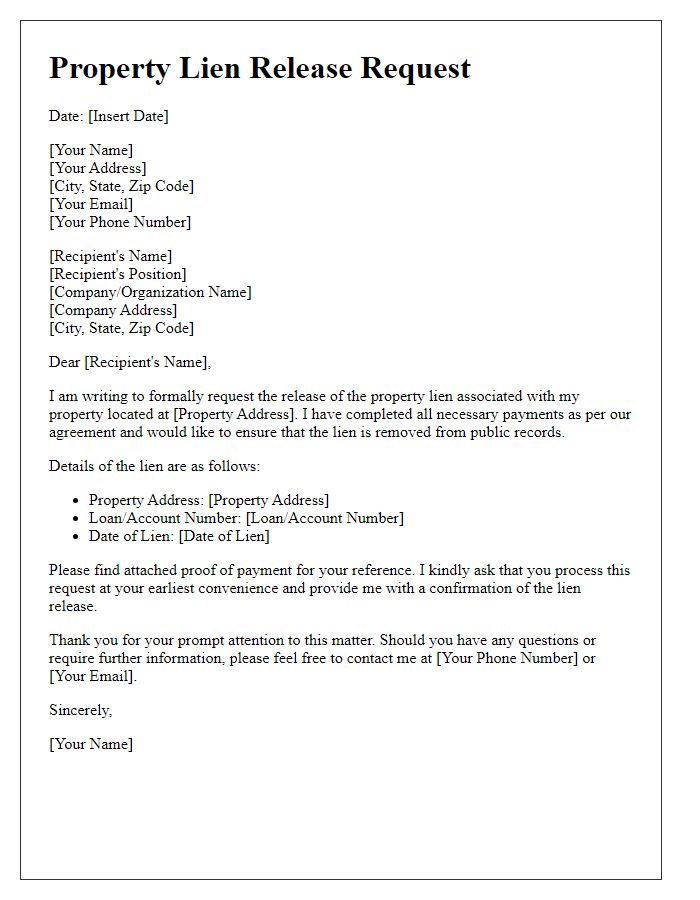 Letter Template For Property Lien Release Request Free Samples In PDF